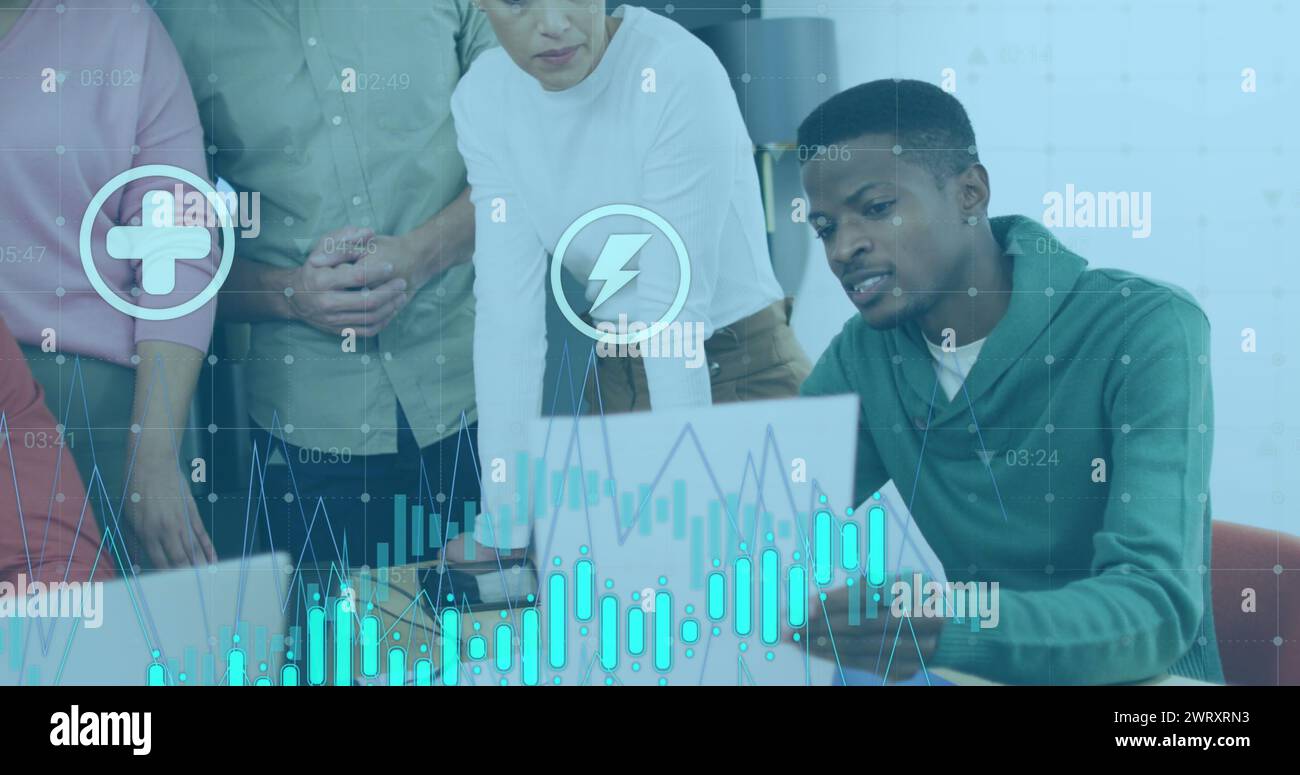 Image of icons, graphs over diverse man explaining reports to coworkers ...