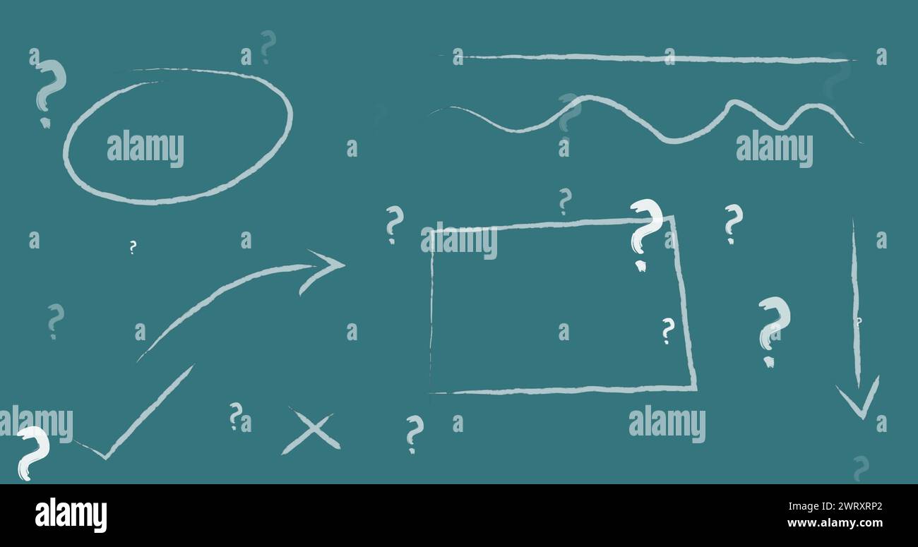 Image of question marks over shapes and arrows on green background ...