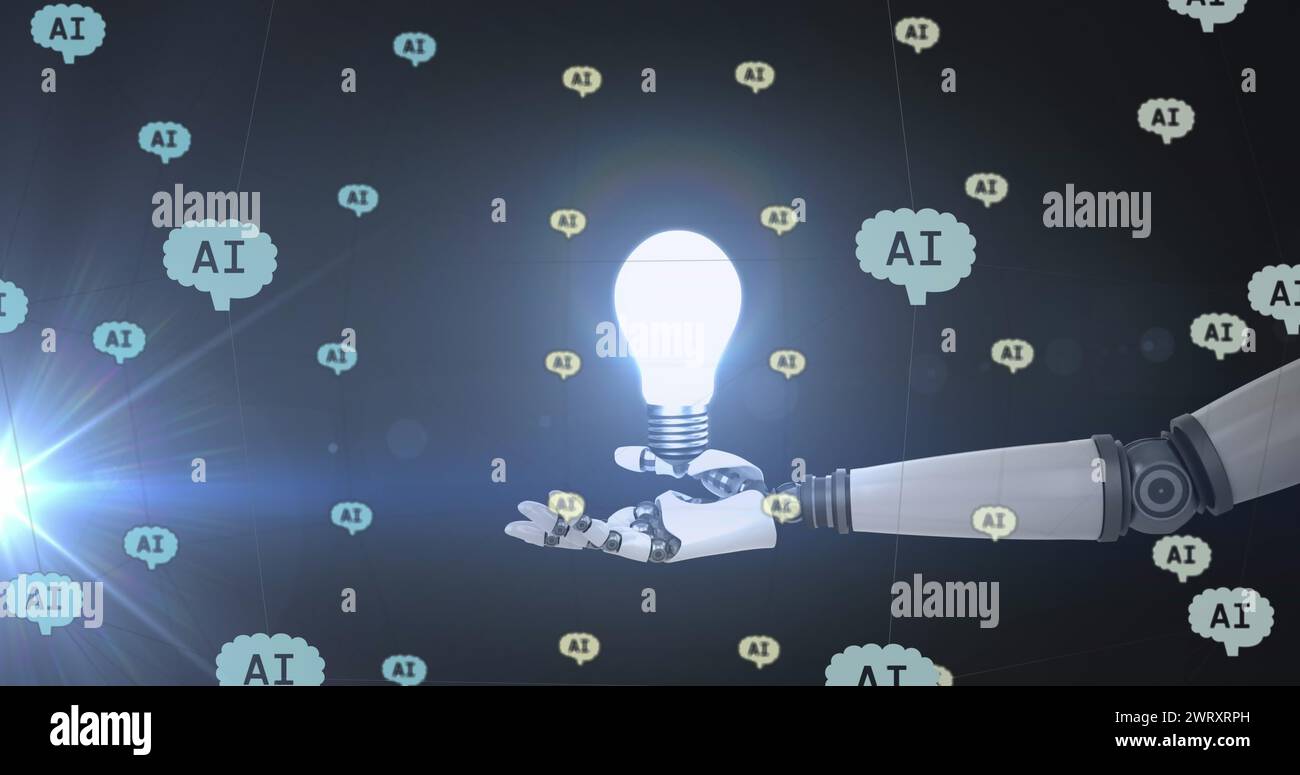 Image of ai data processing over robot's arm with light bulb background ...
