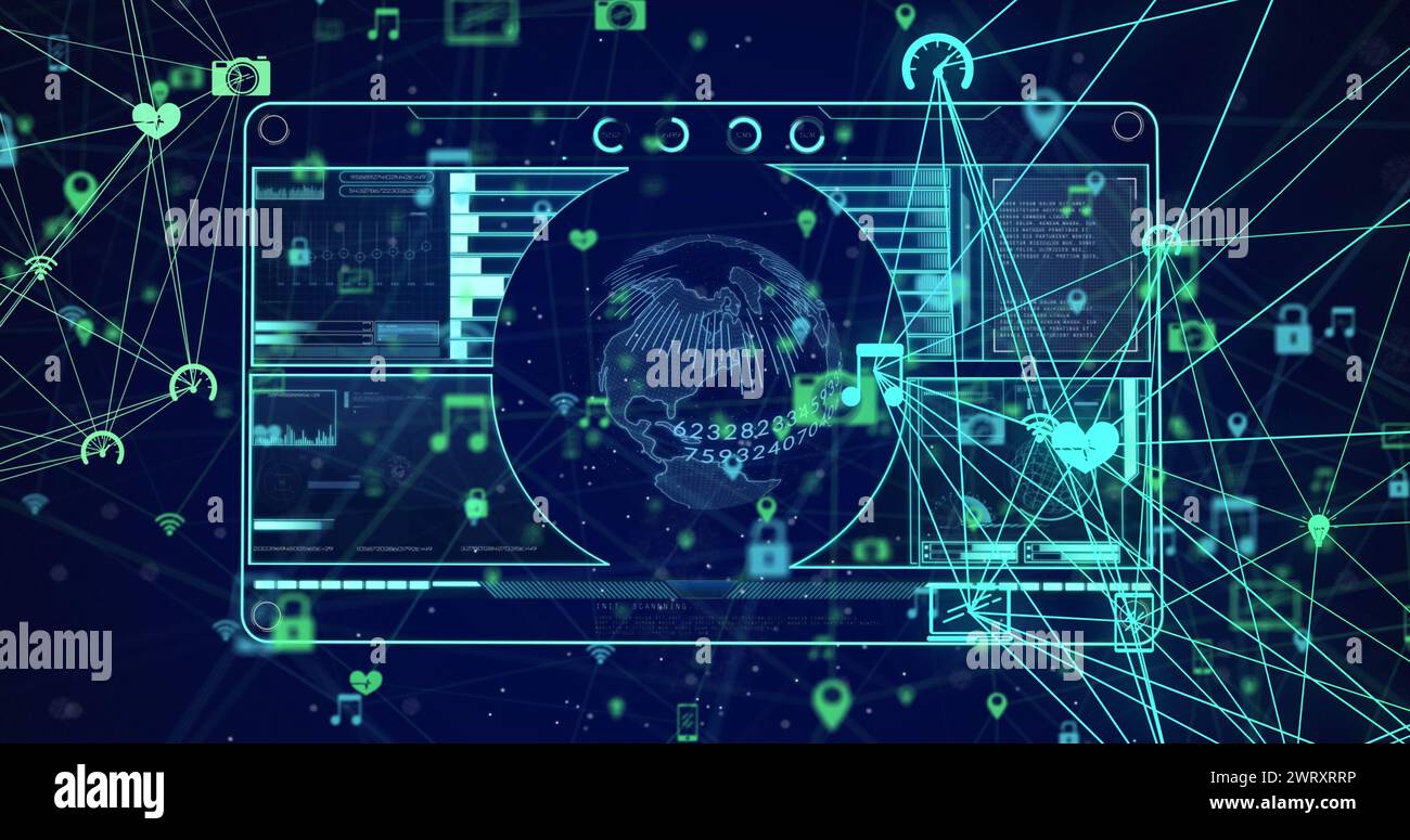 Image of globe spinning with numbers, scope scanning and data ...