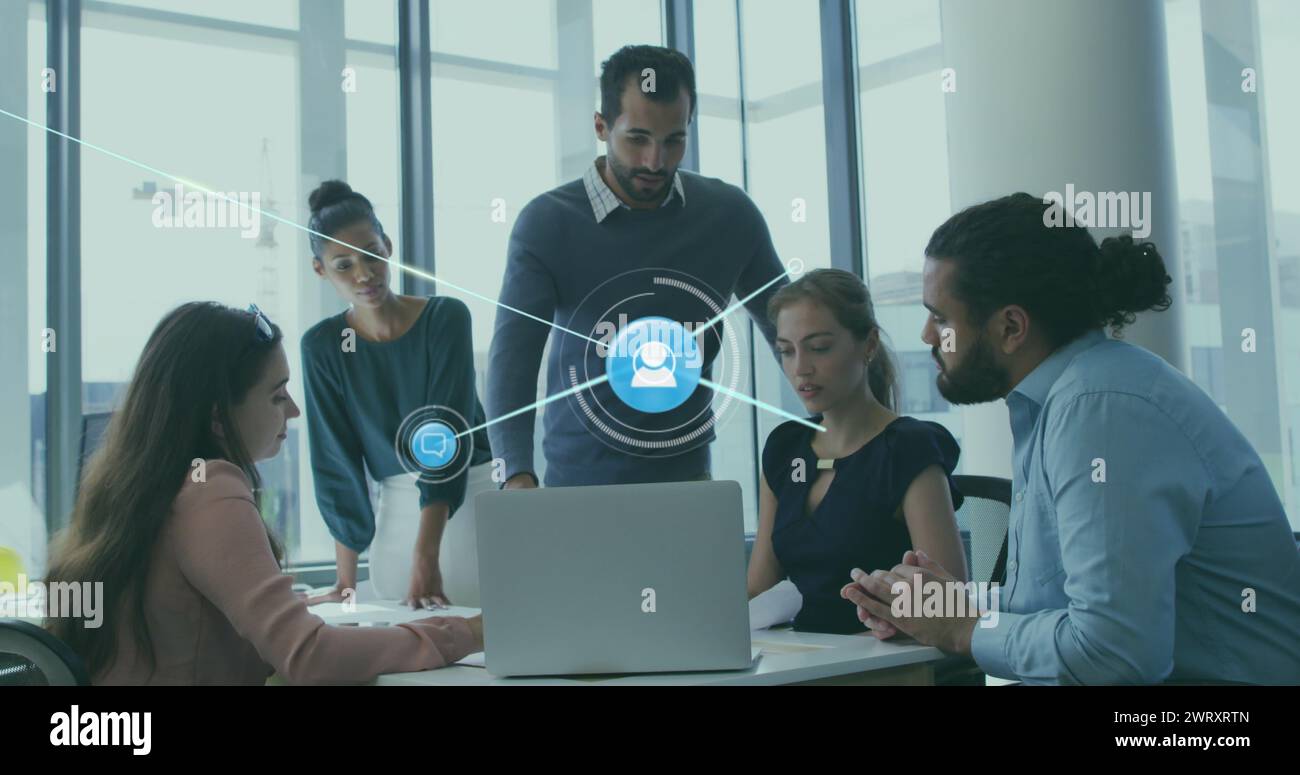 Image of connected profile icons over diverse coworkers sharing ideas ...