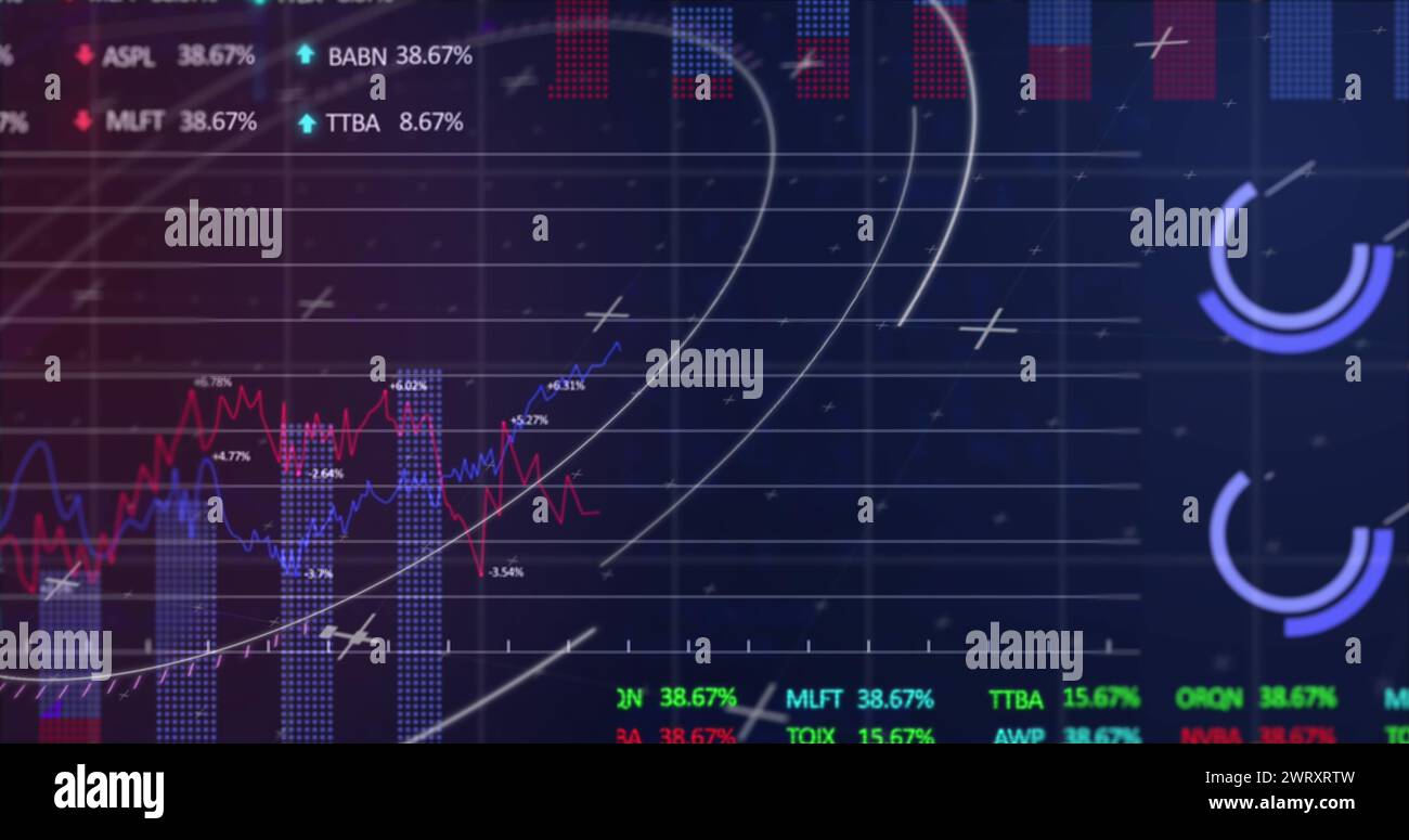 Image of graphs with numbers and circles over trading boards against abstract background Stock ...