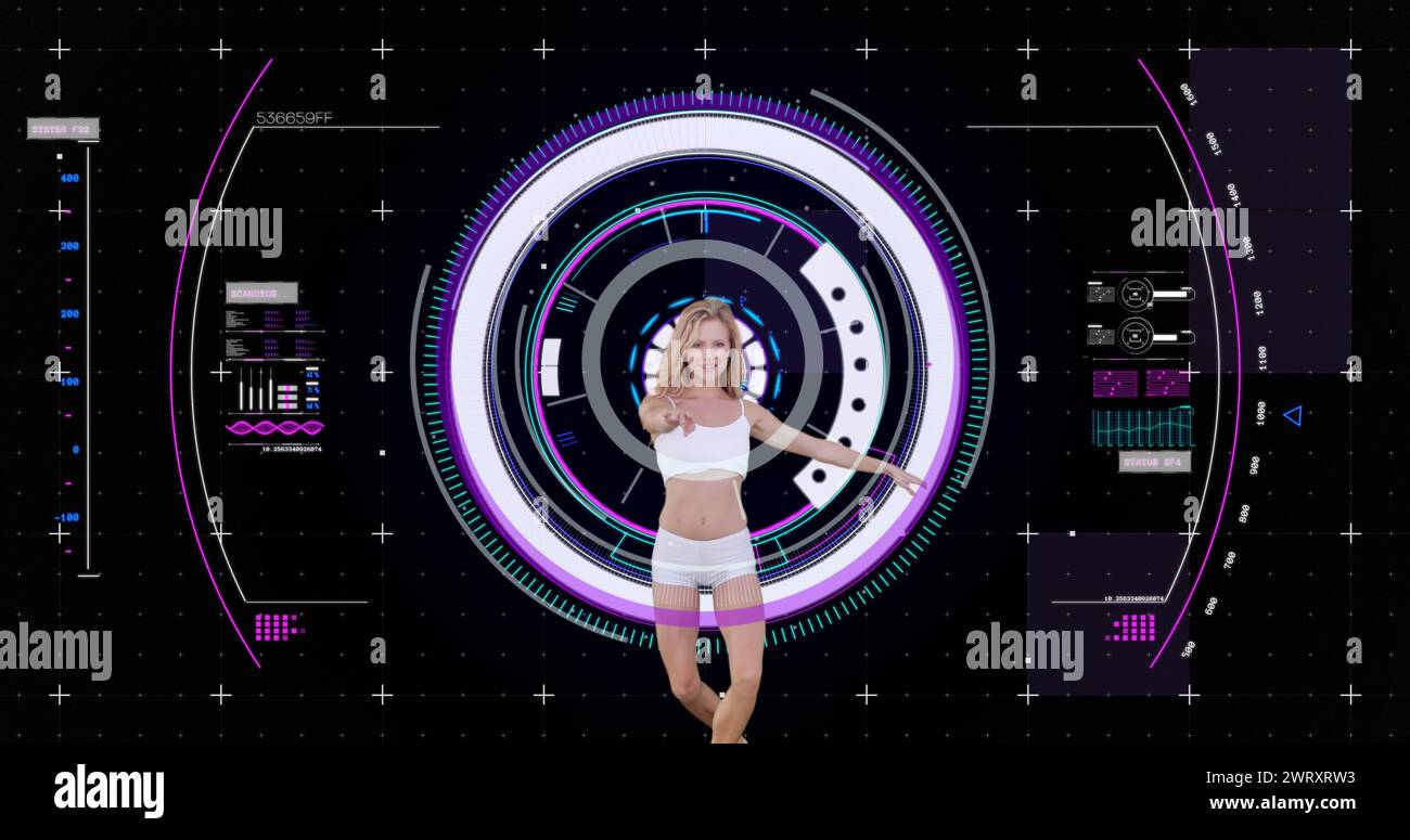 Image of fit woman dancing with scope scanning and data processing Stock Photo - Alamy