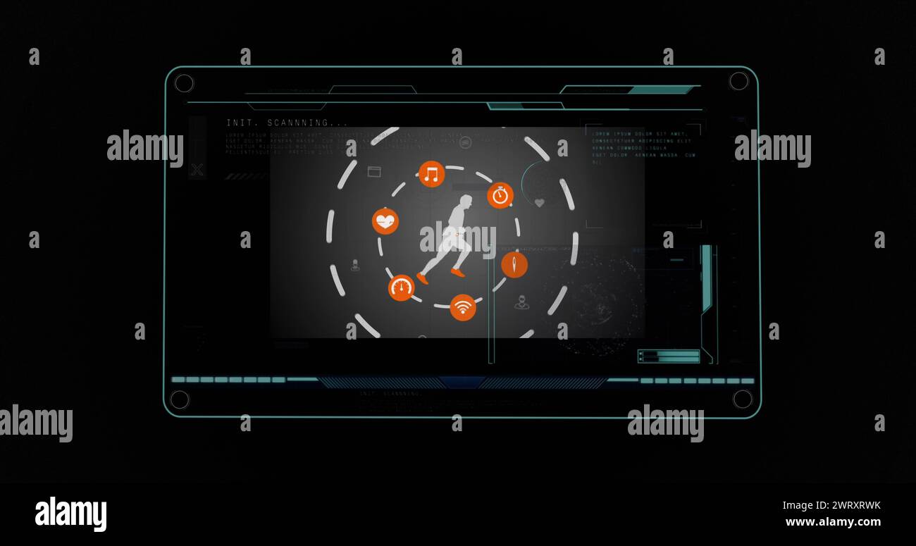 Image of screen with person running and data processing Stock Photo - Alamy