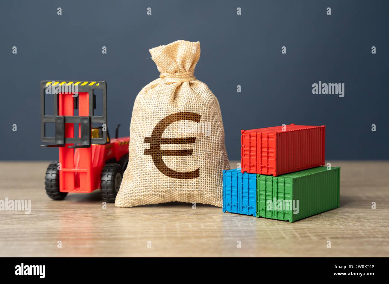 Forklift with shipping containers and euro money bag. Production of ...