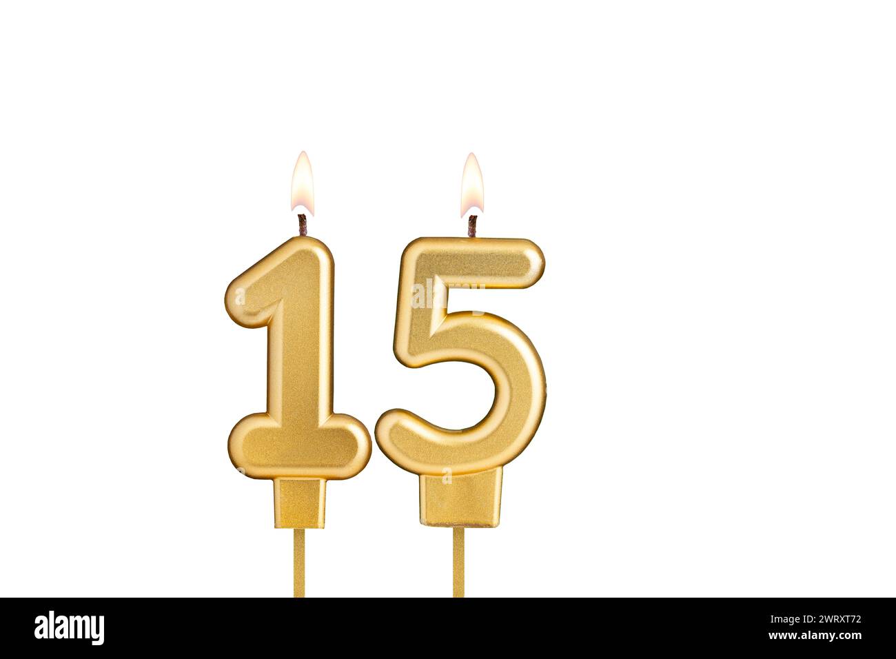 Golden number 15 birthday candle on white background Stock Photo - Alamy