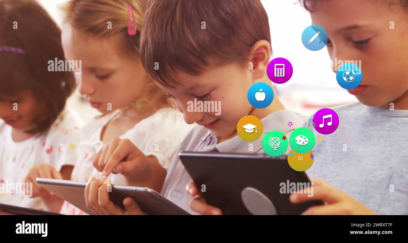 Image of colorful icons over diverse schoolchildren using tablets Stock ...
