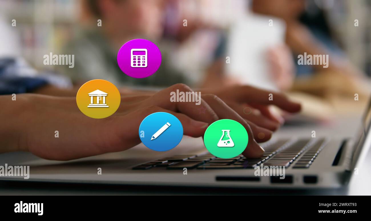 Image of colorful icons over hands typing on keyboard Stock Photo - Alamy