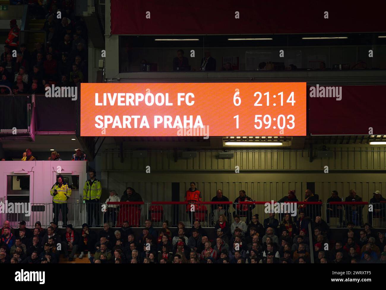 A general view of the scoreboard, reading Liverpool 6-1 Sparta Prague ...