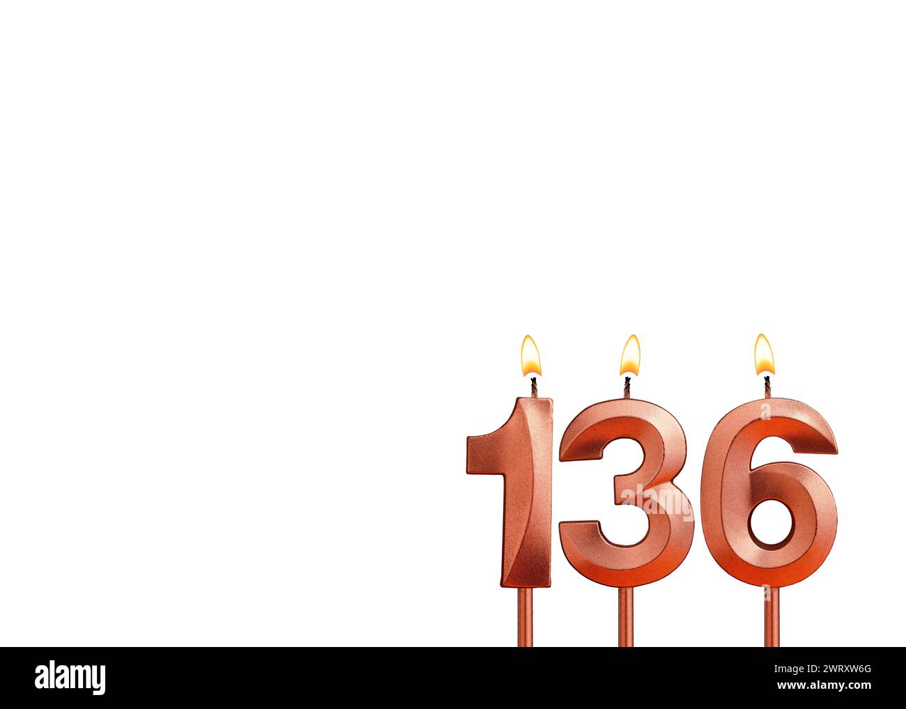 Burning candle number 136 for birthday on white background Stock Photo ...