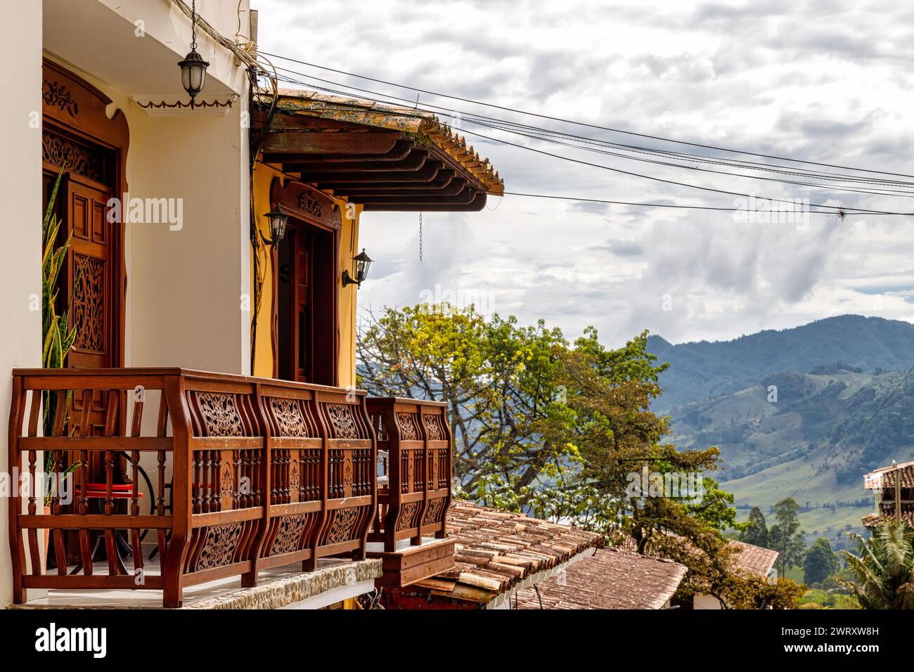 Typical wooden balconies with hills in the background in Jerico ...