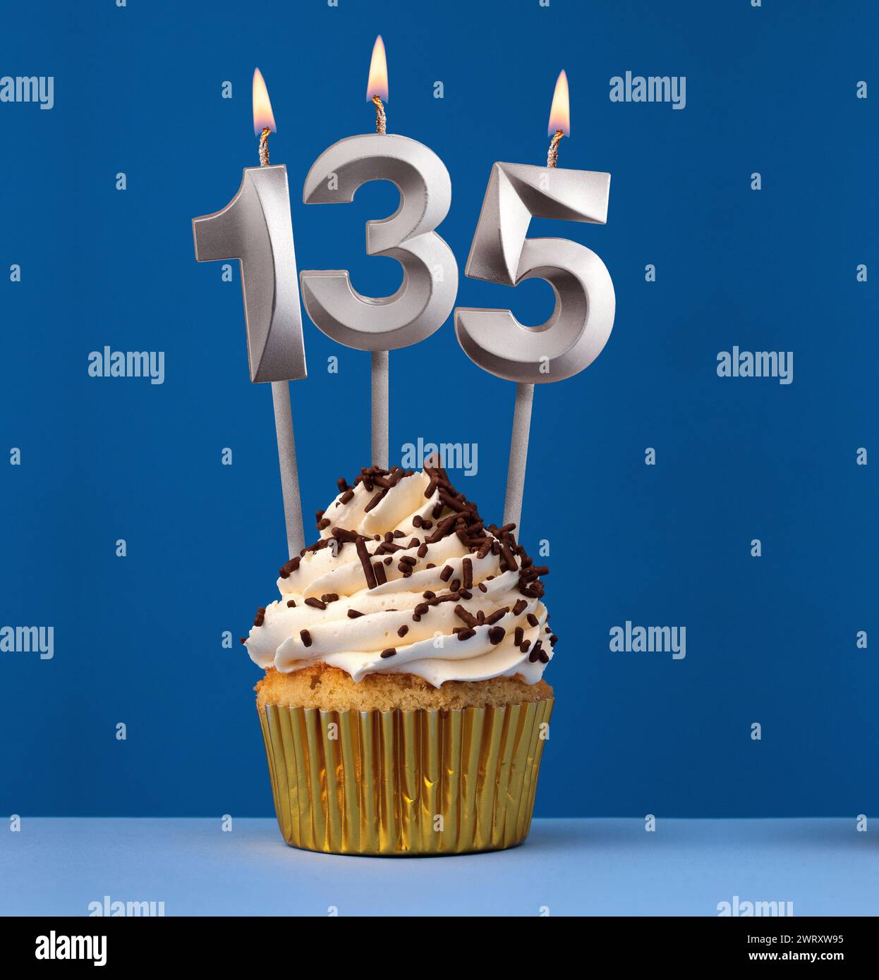 Burning candle number 135 - Birthday card with cupcake on blue ...