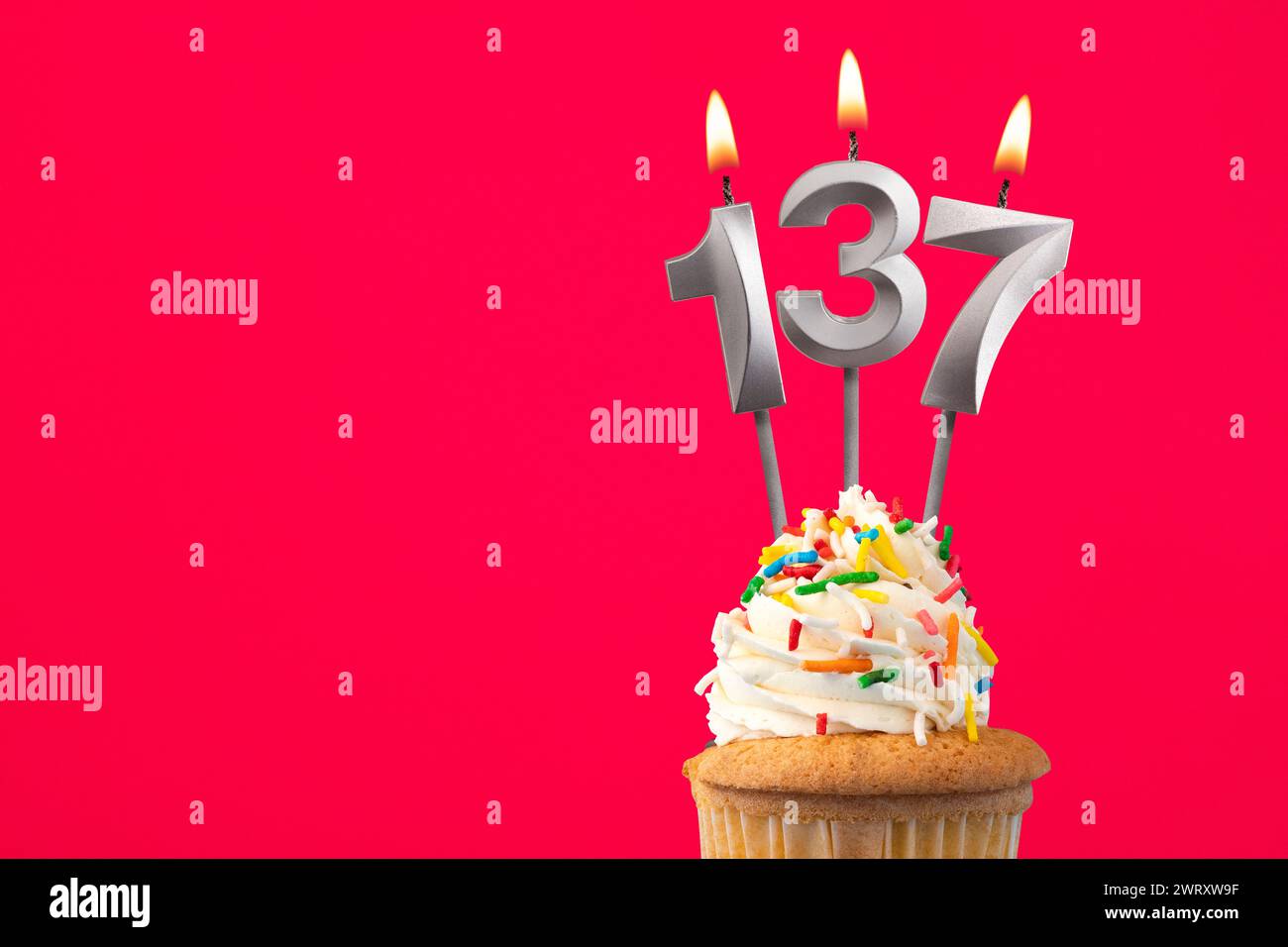 Horizontal birthday card with cupcake - Burning candle number 137 Stock ...