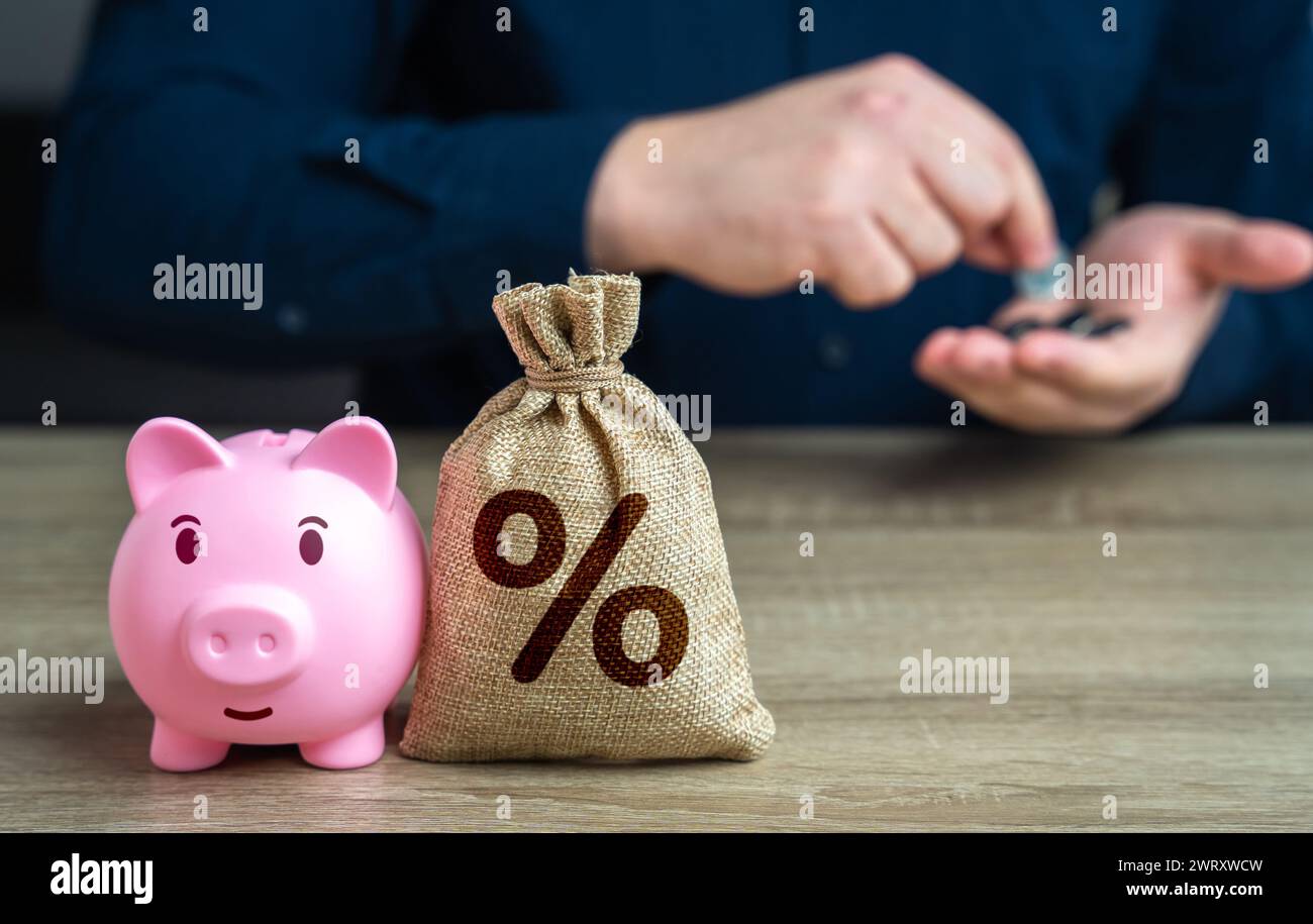 Piggy bank and a bag of interest. Bank deposit. Accumulating money ...