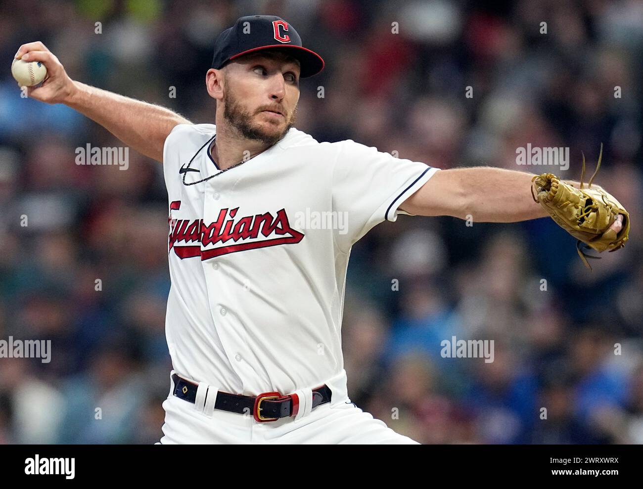 FILE - Cleveland Guardians reliever Trevor Stephan pitches in the ...