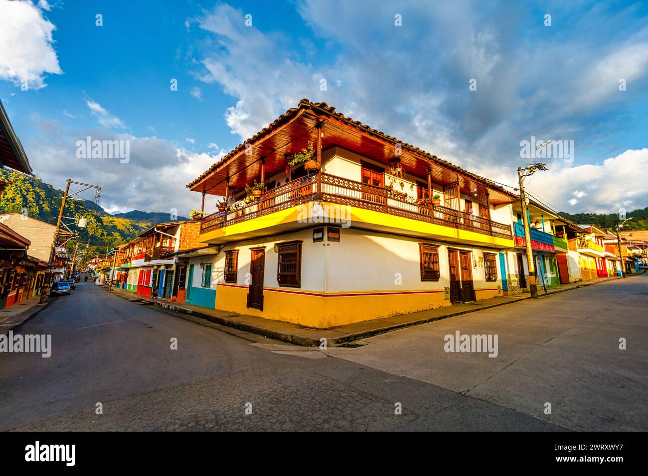 Colorful streets at sunset in the Jardin town in Antioquia, Colombia ...