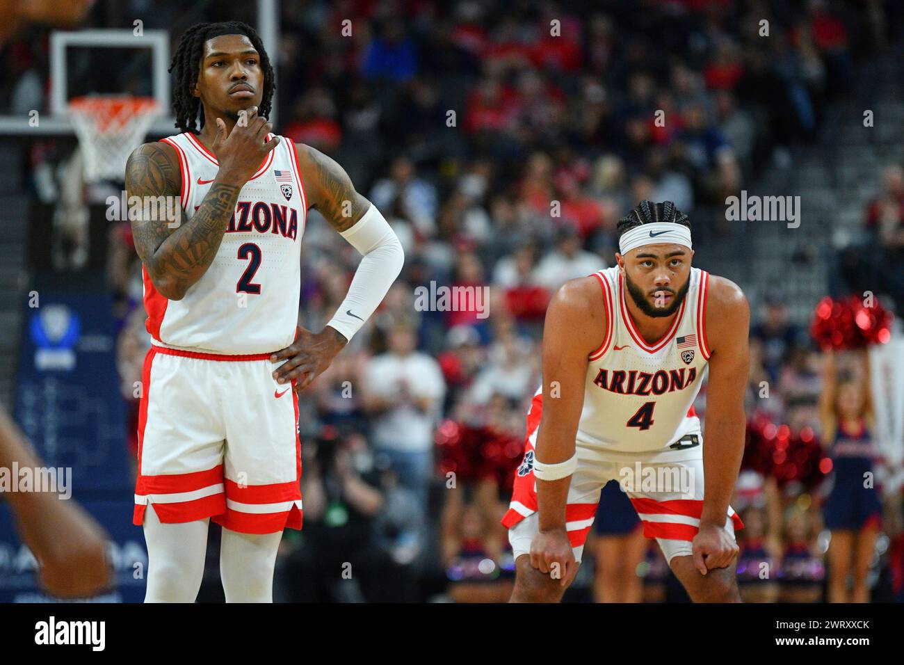 LAS VEGAS, NV - MARCH 14: Arizona Wildcats guard Caleb Love (2) and Arizona Wildcats guard Kylan ...
