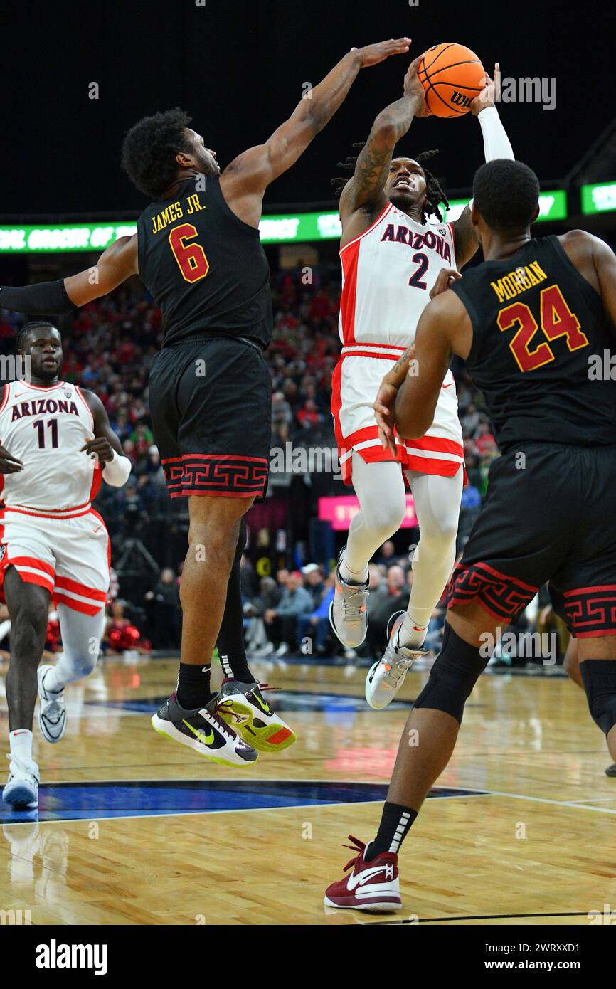 LAS VEGAS, NV - MARCH 14: USC Trojans guard Bronny James (6) jumps to try and block Arizona ...
