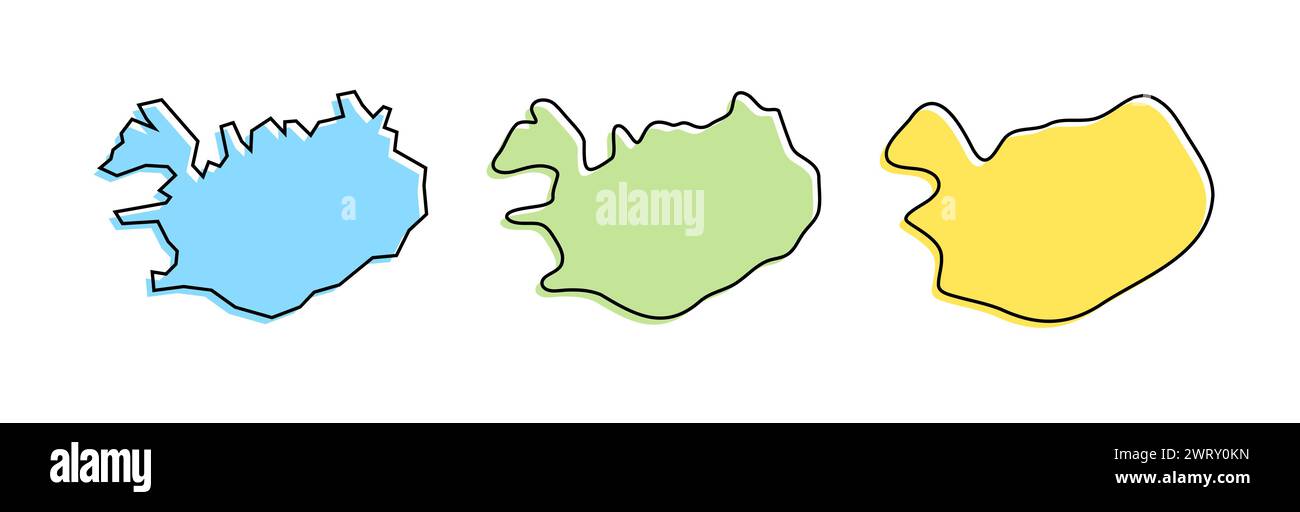 Iceland country black outline and colored country silhouettes in three ...