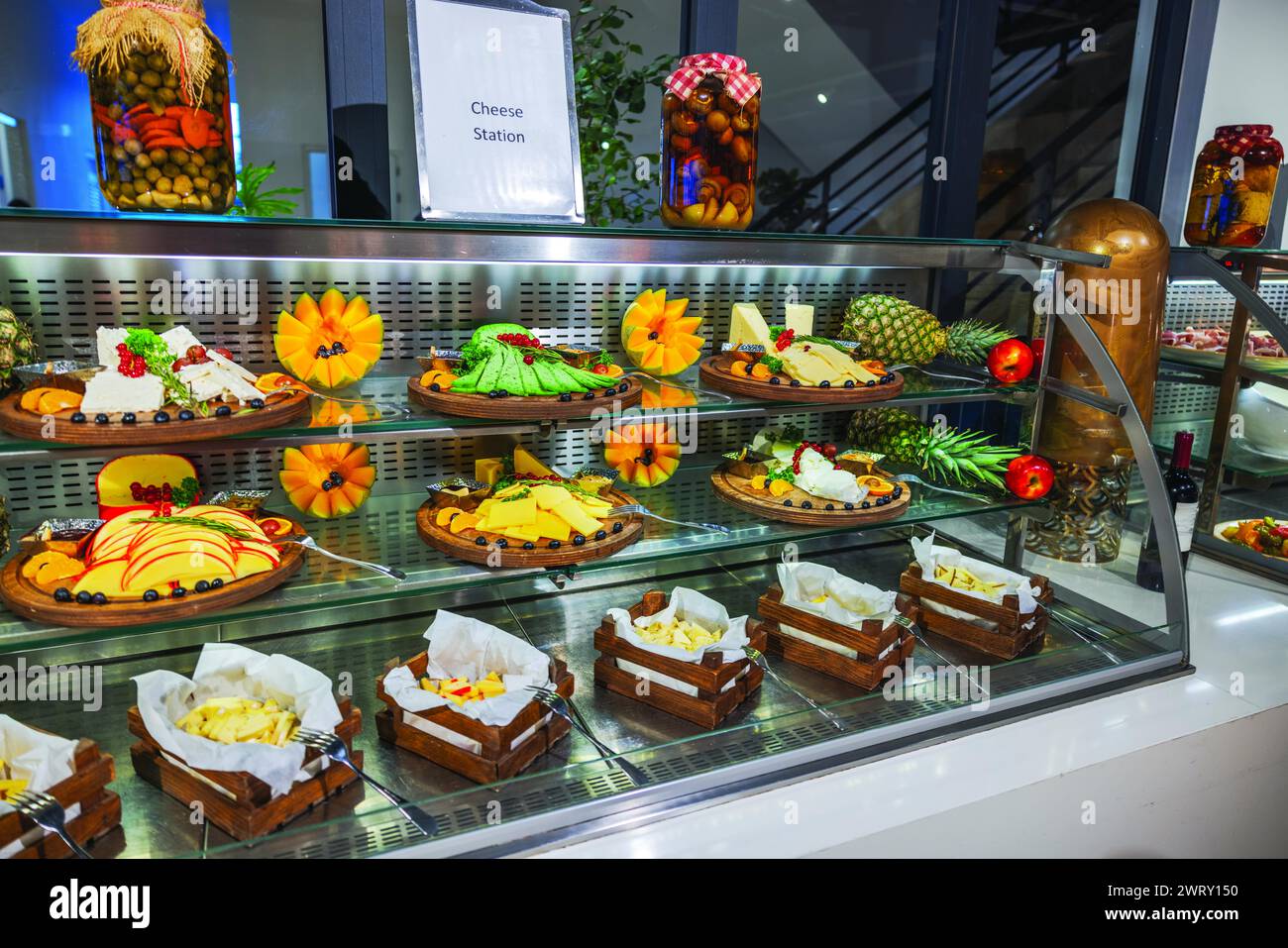 Close-up view of the cheese station shelves in the hotel restaurant ...