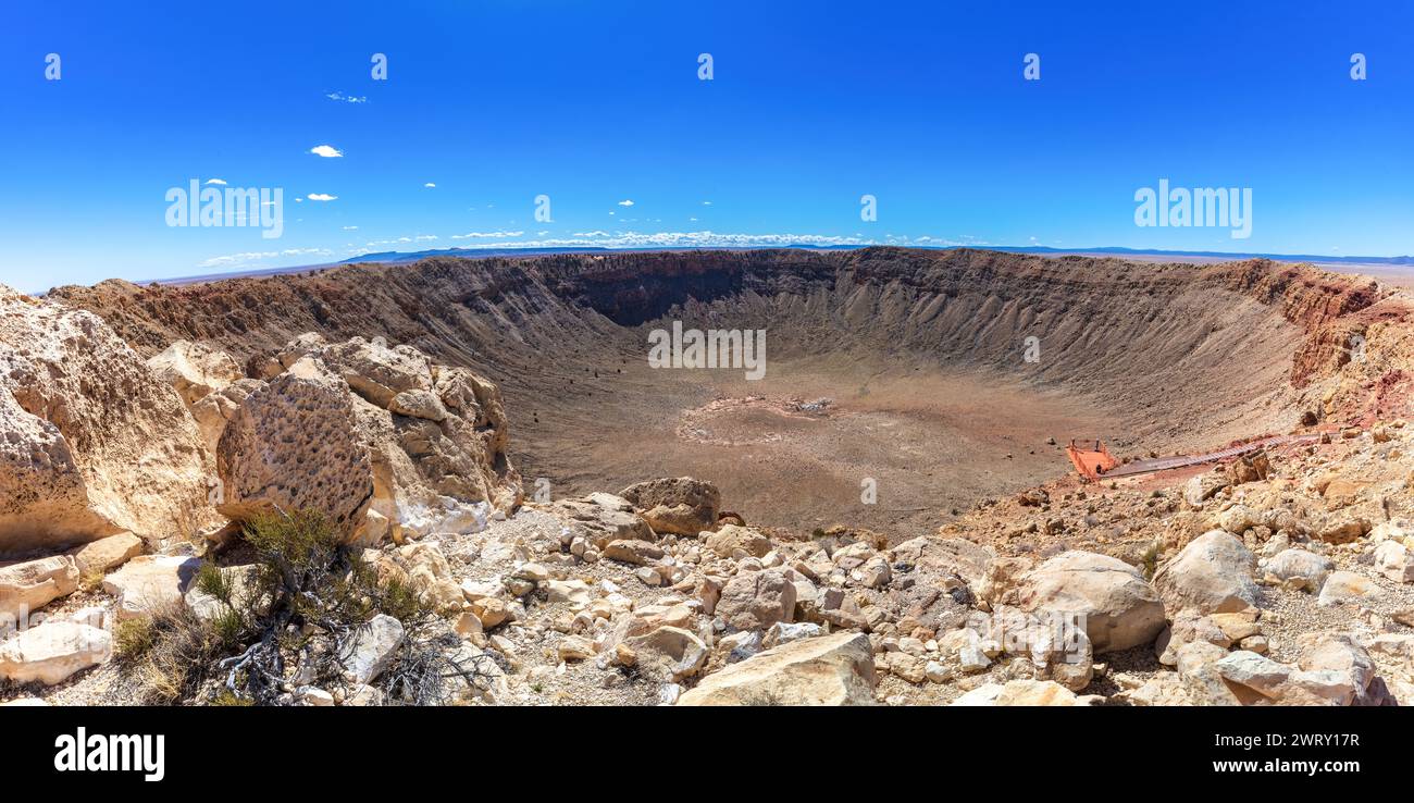 Barringer Meteor crater near Winslow, Arizona; observation platform visible, showing the immense ...