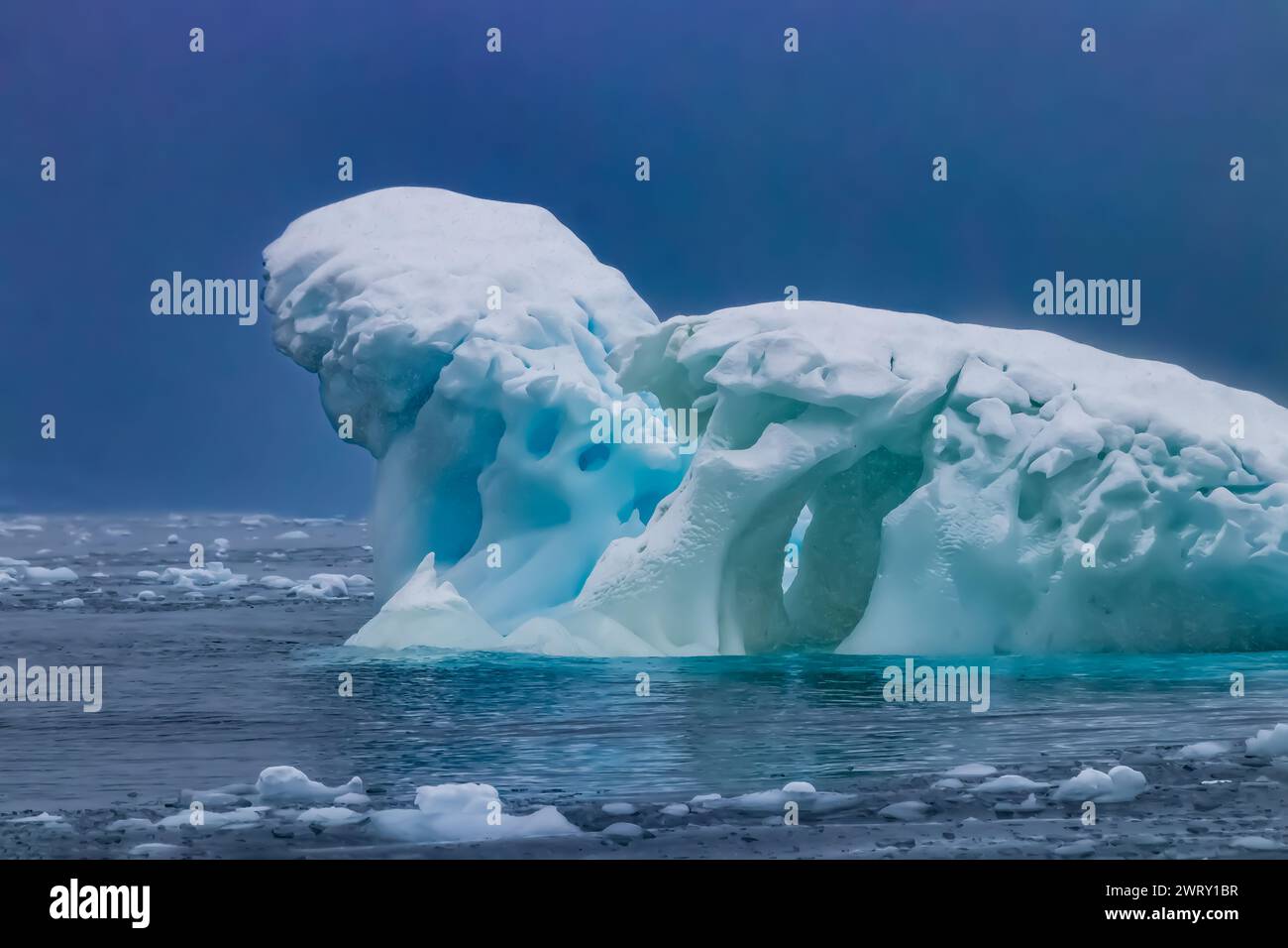 Sculptured iceberg near the Antarctic Peninsula. Rounded form and holes ...
