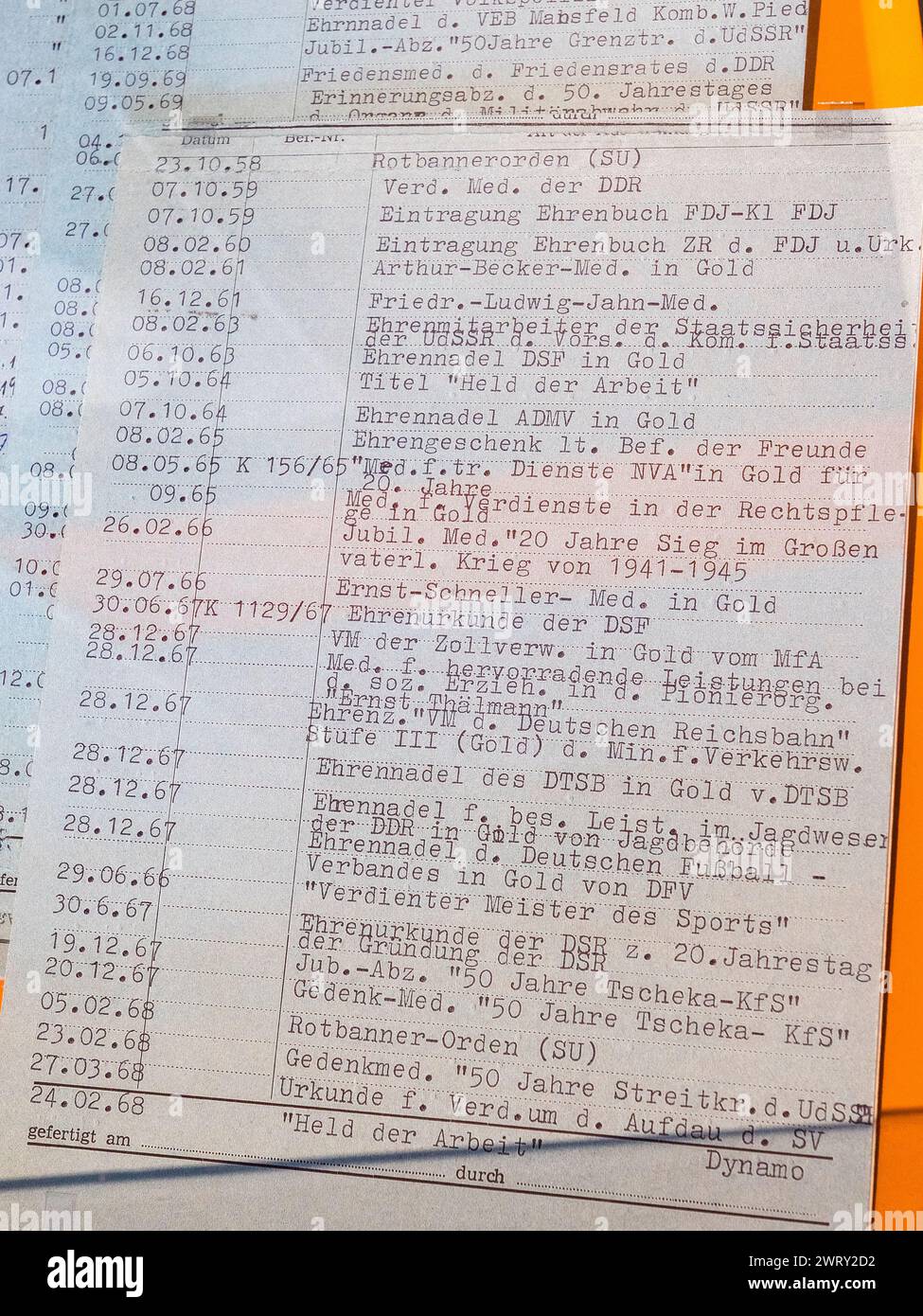 Detail of the Cadre file card for Erich Mielke showing his awards of ...