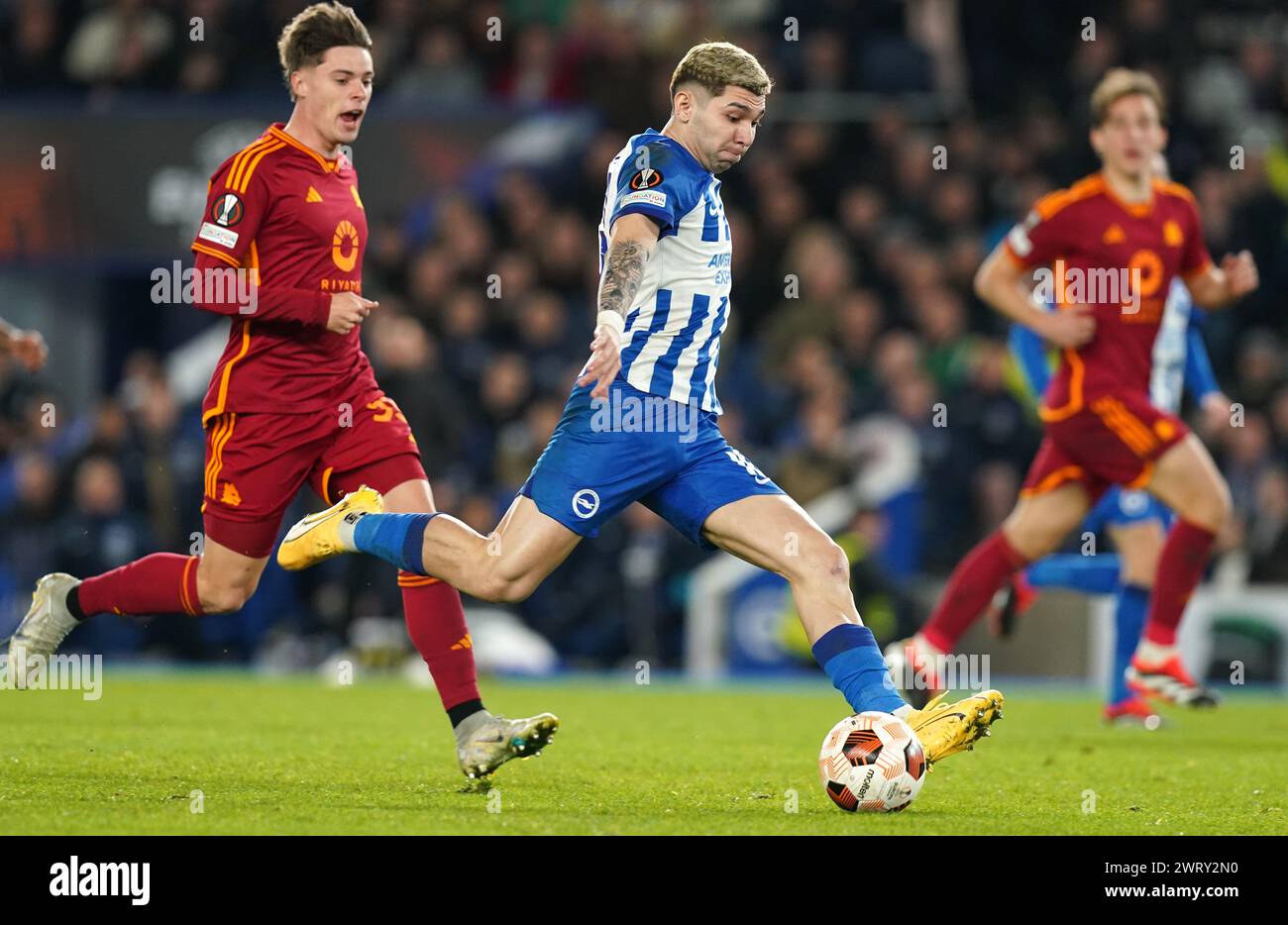 Brighton and Hove Albion's Julio Enciso attempts a shot on goal during ...