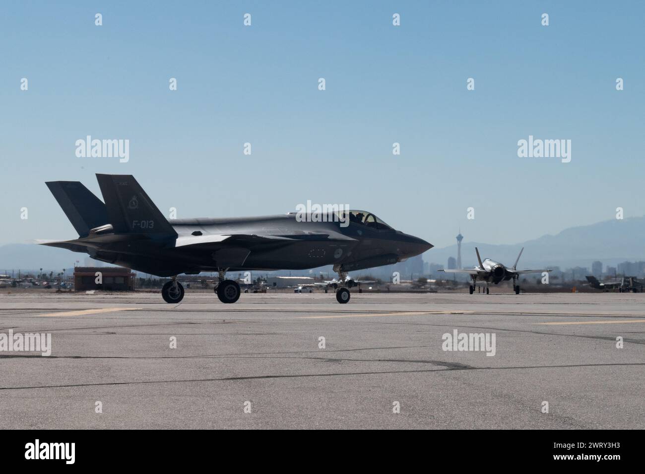 Royal Netherlands Air Force F-35 Lightning IIs taxi on the flight line at Nellis Air Force Base ...