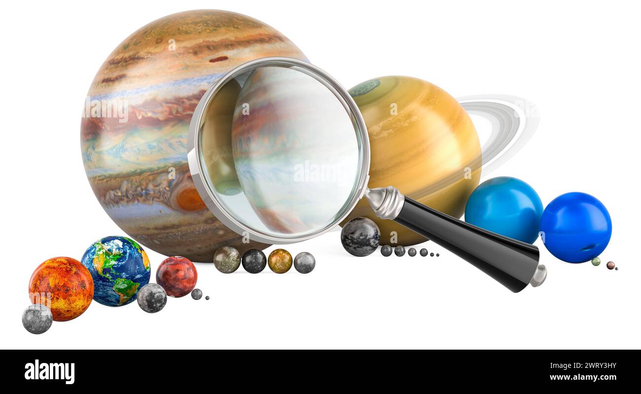 Magnifying glass with planets and satellites of the solar system, 3D ...