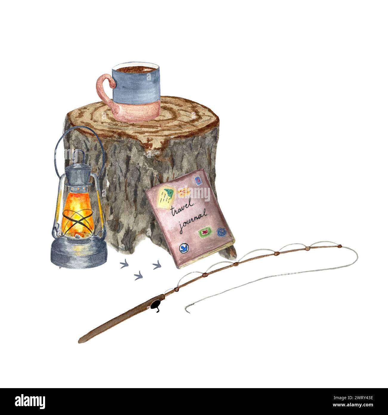 Watercolor fishing rod tree stump lantern mug and journal composition ...