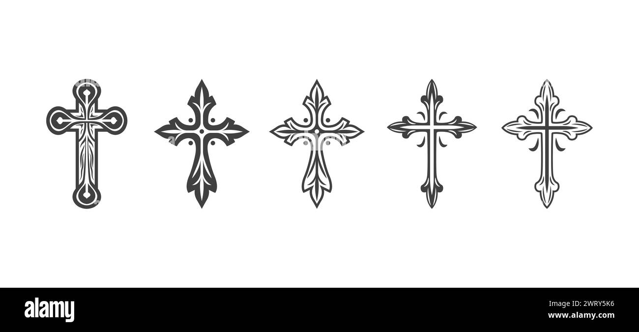 Flat Vector Black Christian Cross Icons Set Isolated on a White ...