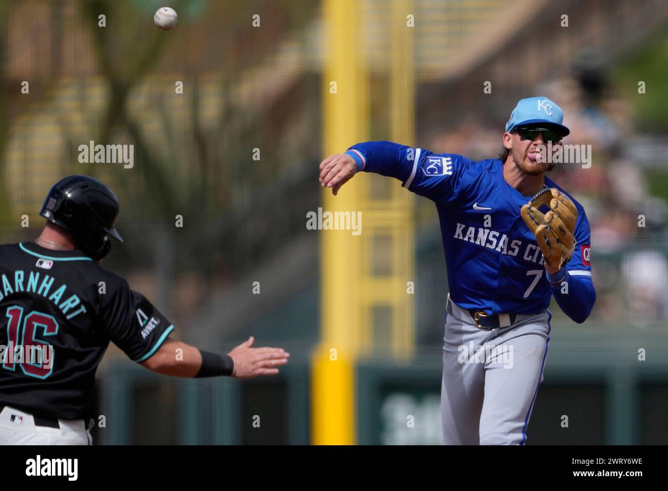 Kansas City Royals' Bobby Witt Jr. (7) forces out Arizona Diamondbacks ...