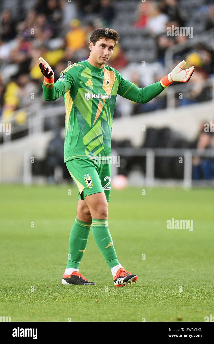 March 12, 2024: Columbus Crew goalkeeper Patrick Schulte (28) gets the ...