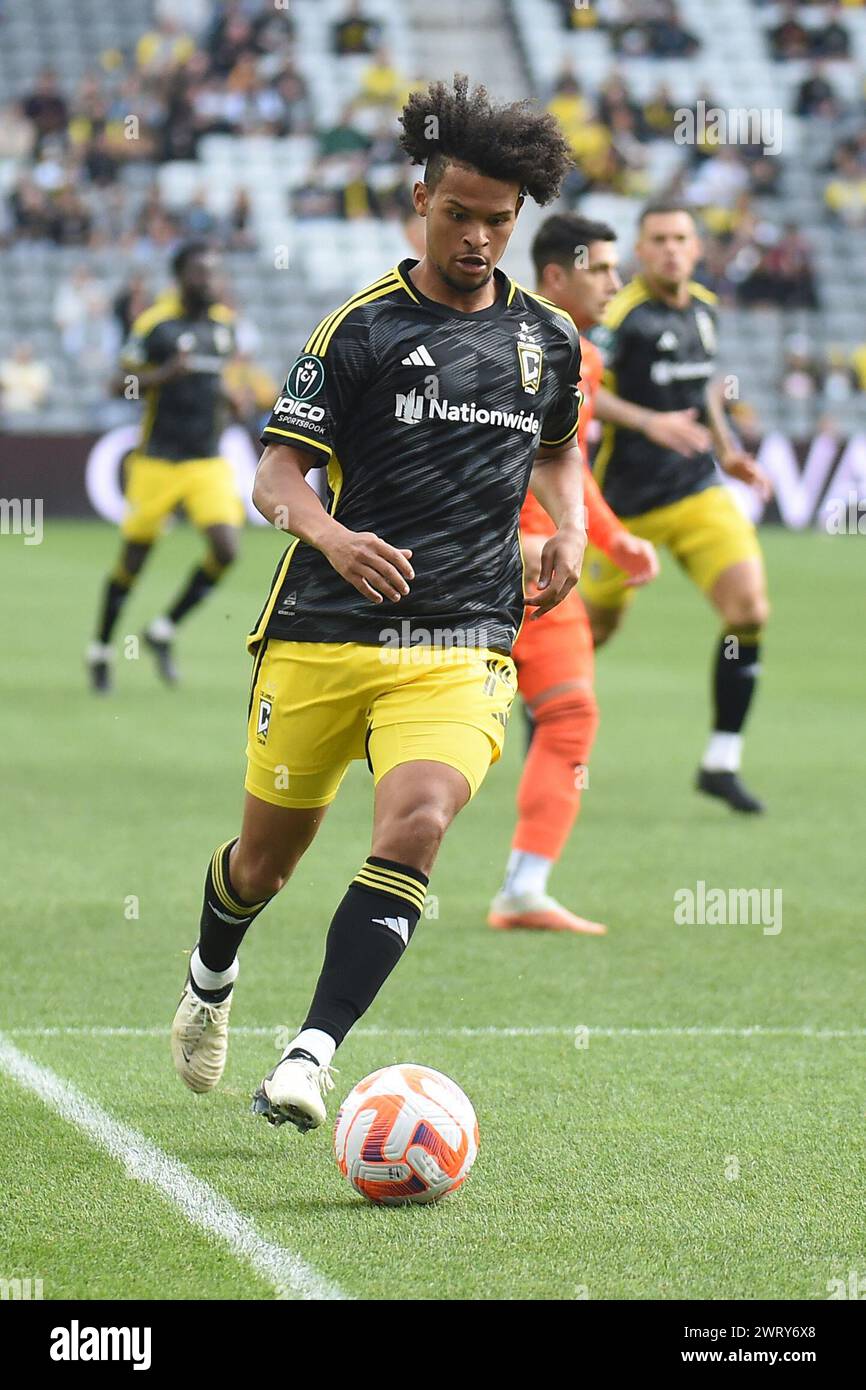 March 12, 2024: Columbus Crew forward Jacen Russell-Rowe (19) dribbles ...
