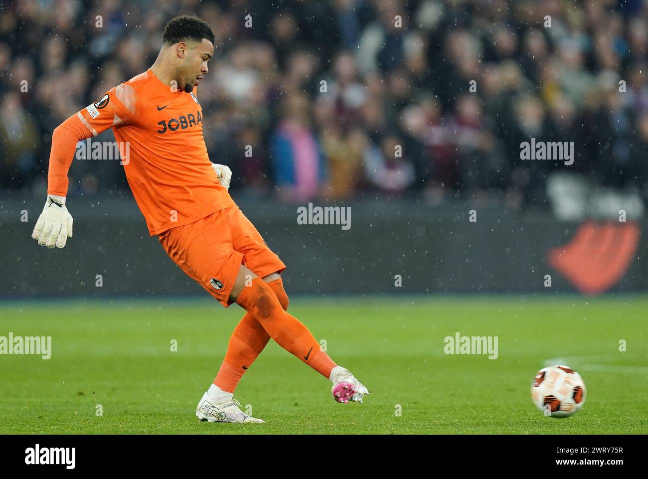 London, UK. 14th Mar, 2024. Noah Atubolu of SC Freiburg during West Ham ...