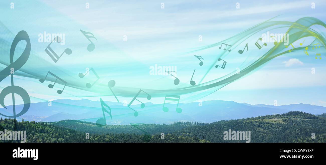 View of beautiful sky with clouds and flying music notes in mountains ...