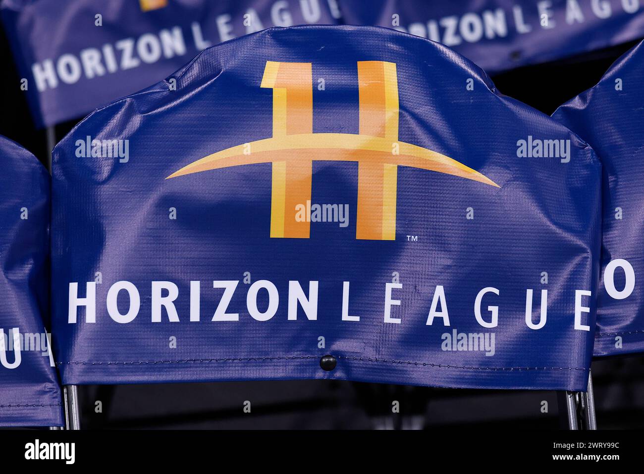 INDIANAPOLIS, IN - MARCH 11: The Horizon League logo on display during ...