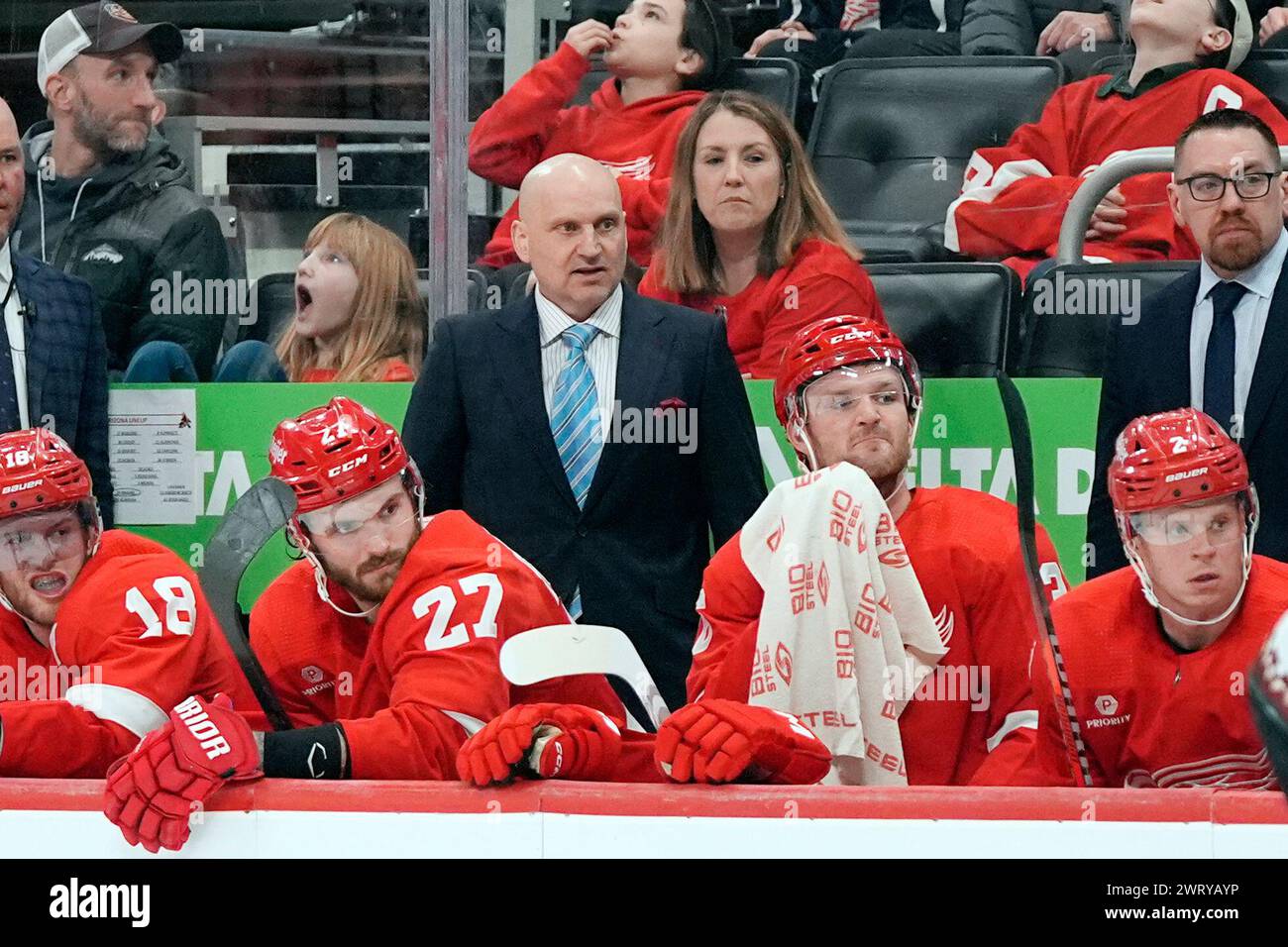 Detroit Red Wings head coach Derek Lalonde watches during the first ...