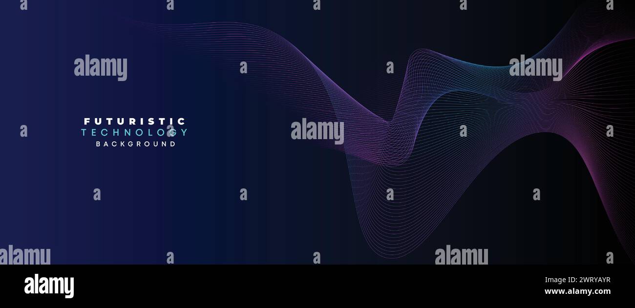 Digital Technology Banner Abstract Purple and Blue Waving Lines Background. Navy Blue or pink ...