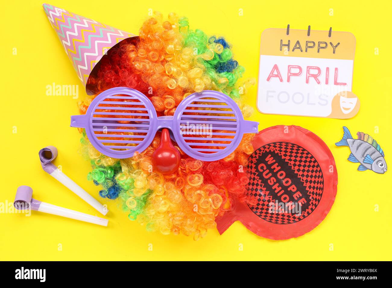 Clown wig with funny glasses, party decor and festive postcard for ...