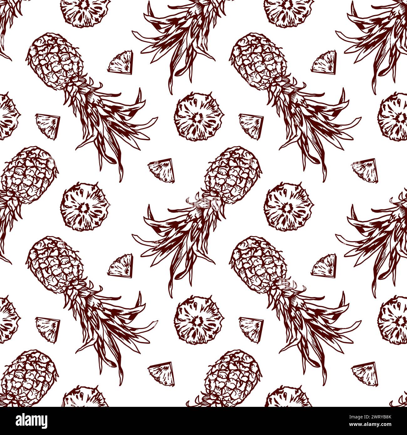 Pineapple graphics, seamless pattern. Whole fruit and slices. Vector ...
