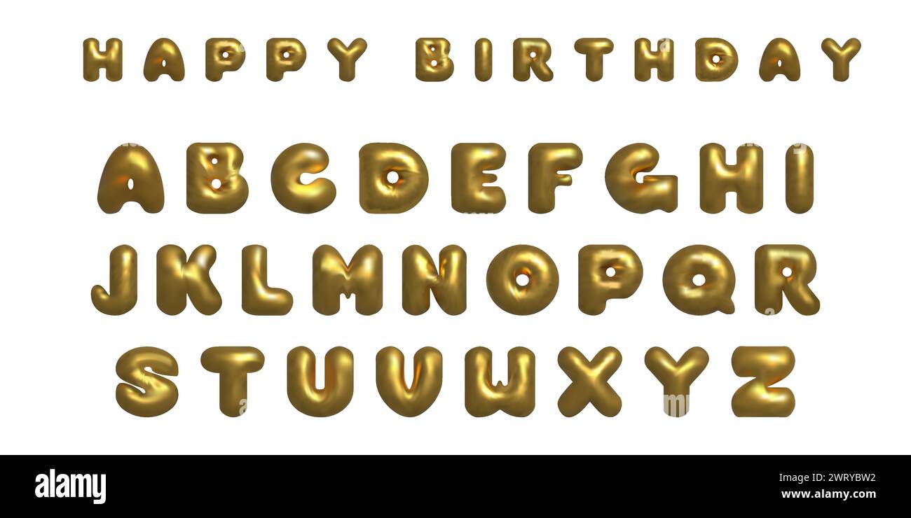 3D letters the English alphabet Y2K style. Font bubbles. Happy birthday ...