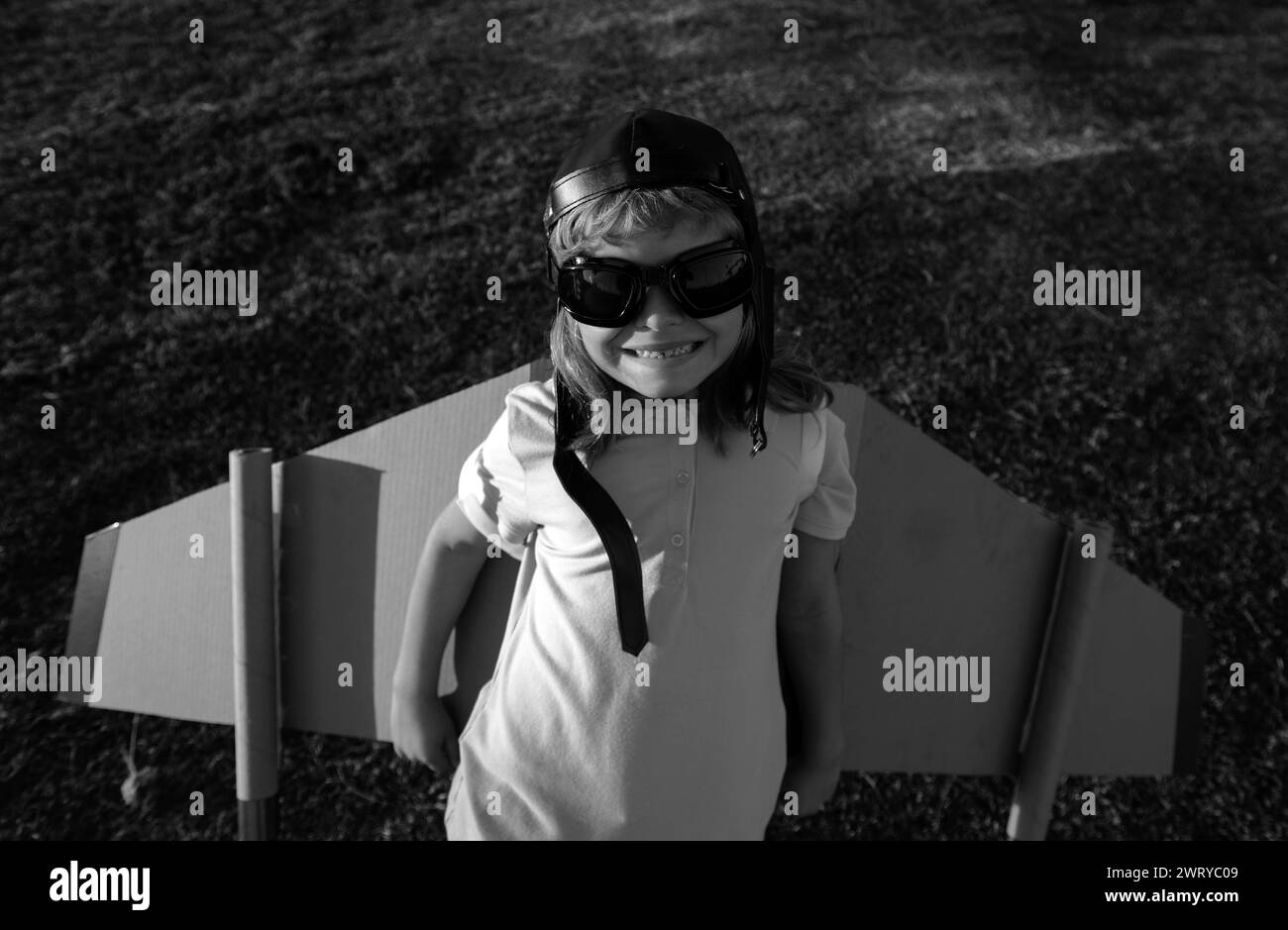 Portrait of child dreams of becoming a rocket pilot. Imagination and ...