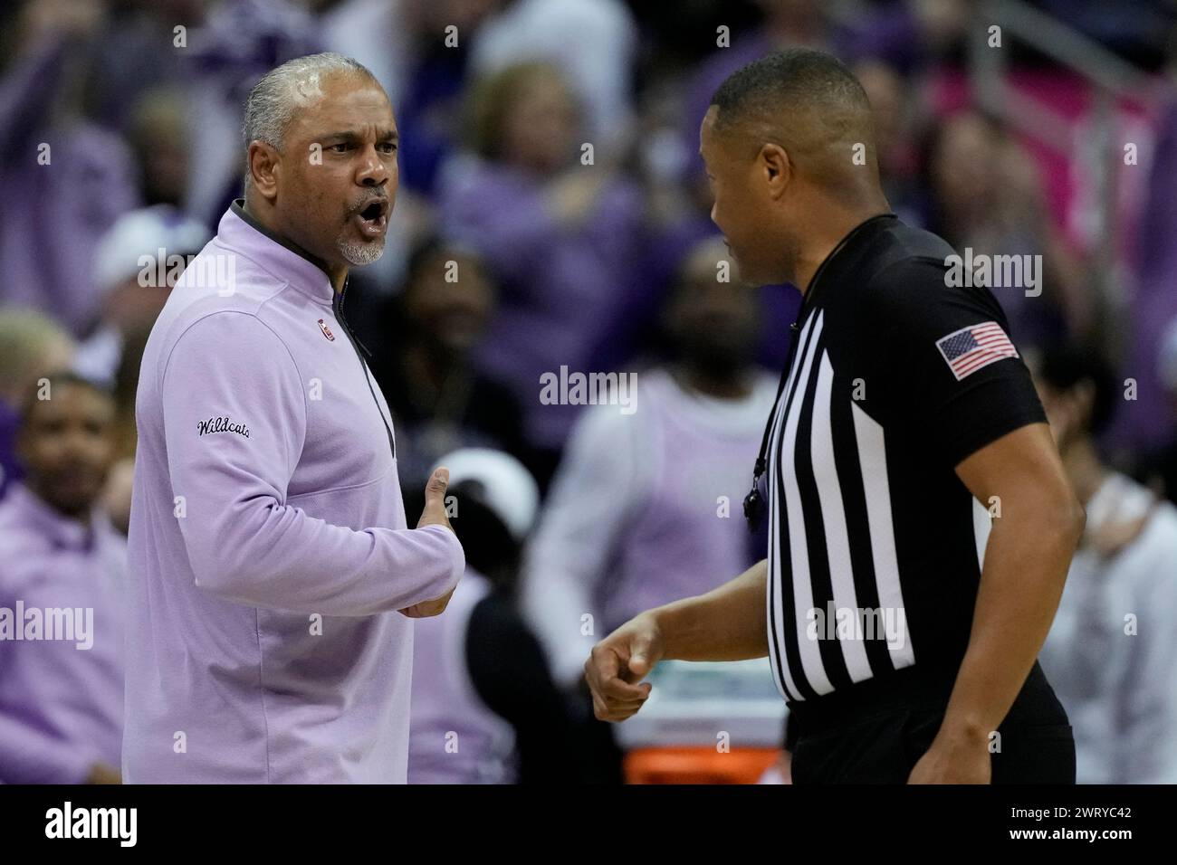 Kansas State head coach Jerome Tang talks to an official during the ...