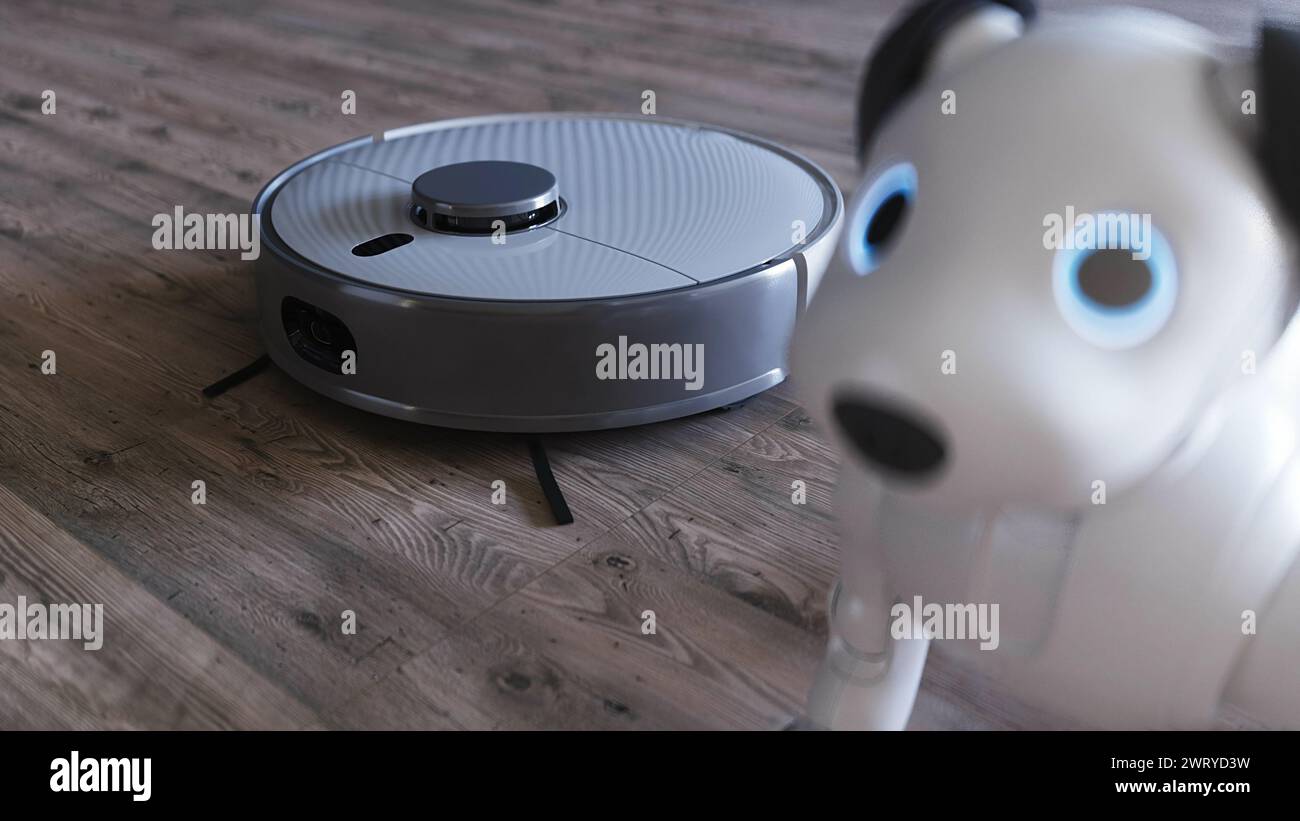 small funny robotic smart dog and vacuum cleaner robot. 3d rendering ...