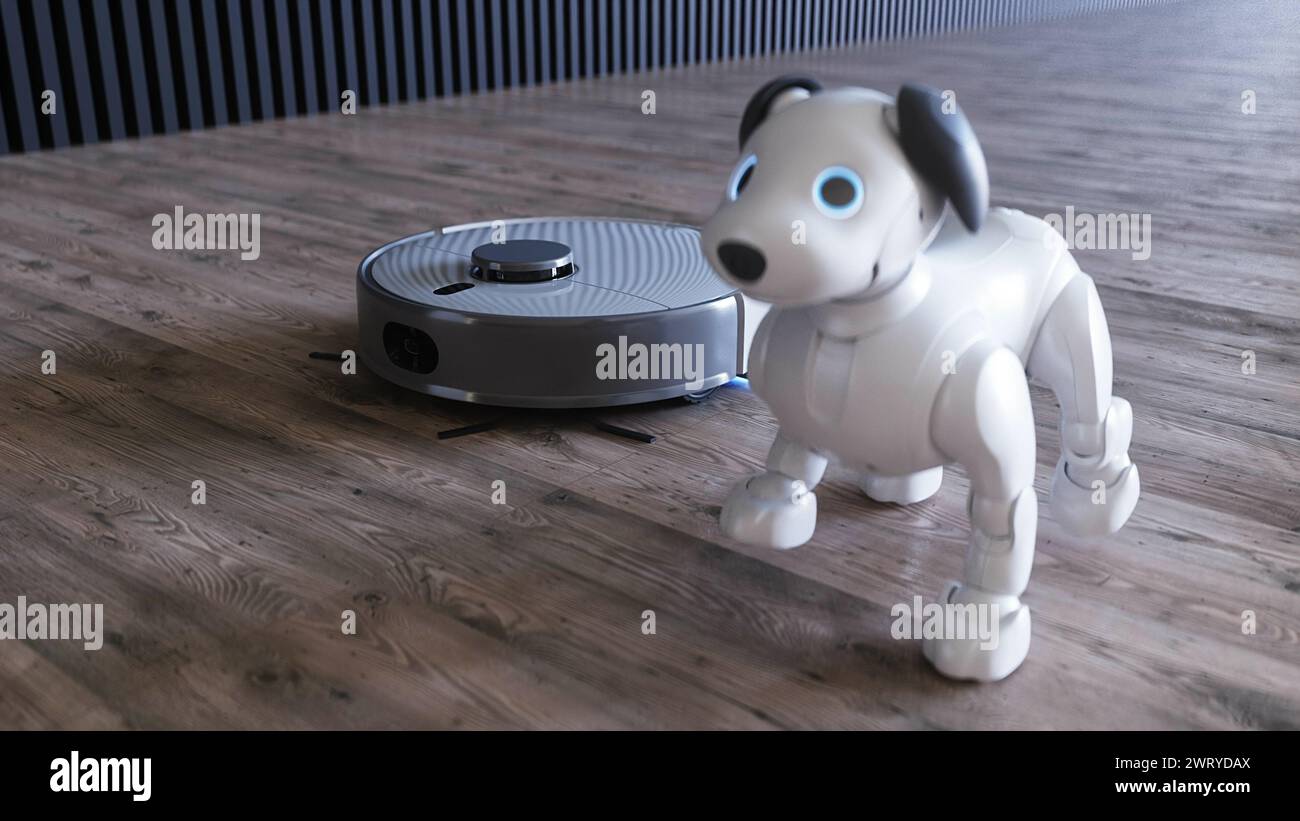 small funny robotic smart dog and vacuum cleaner robot. 3d rendering ...