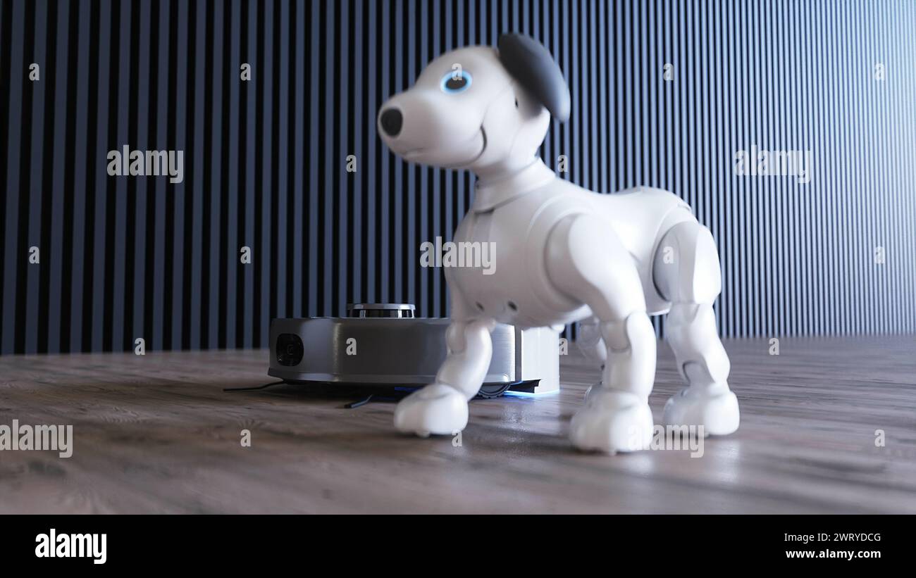 small funny robotic smart dog and vacuum cleaner robot. 3d rendering ...