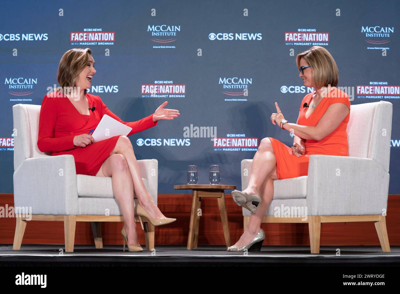 CBS Face the Nation Margaret Brennan interviews Arizona Senator Kyrsten Sinema at the 2023 ...