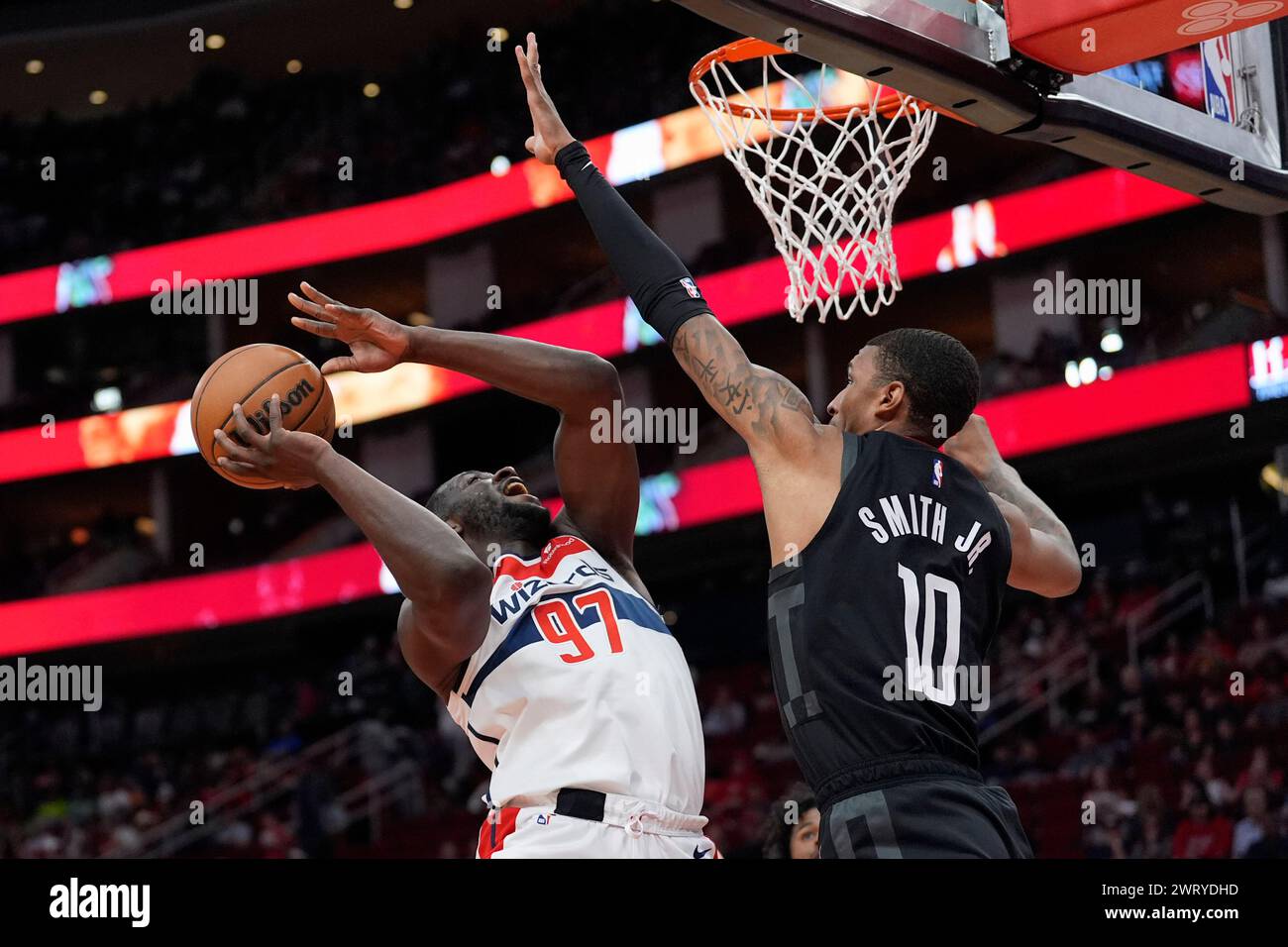 Washington Wizards' Eugene Omoruyi (97) goes up for a shot as Houston ...